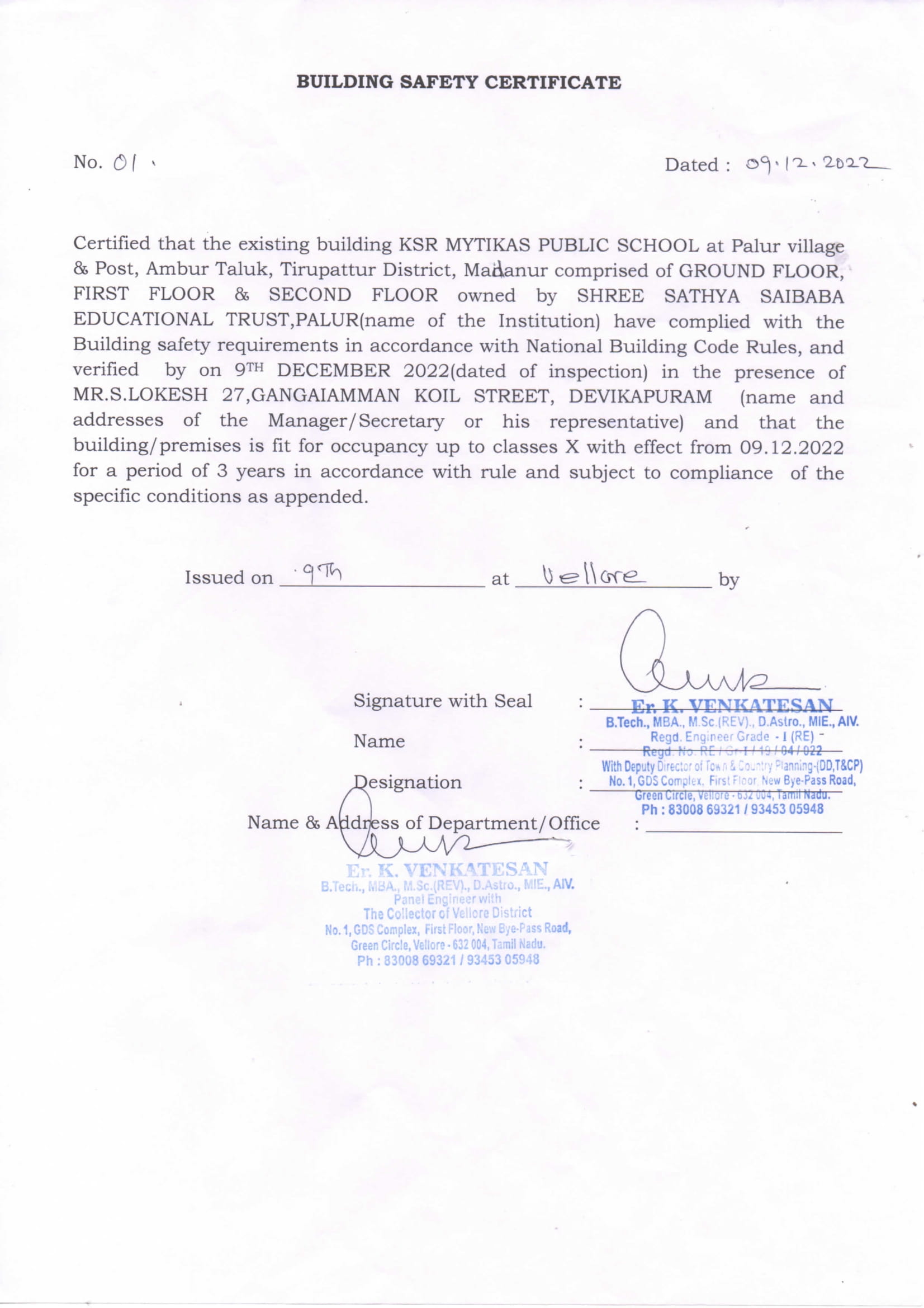 BUILDING SAFETY CERTIFICATE – KSR MYTIKAS